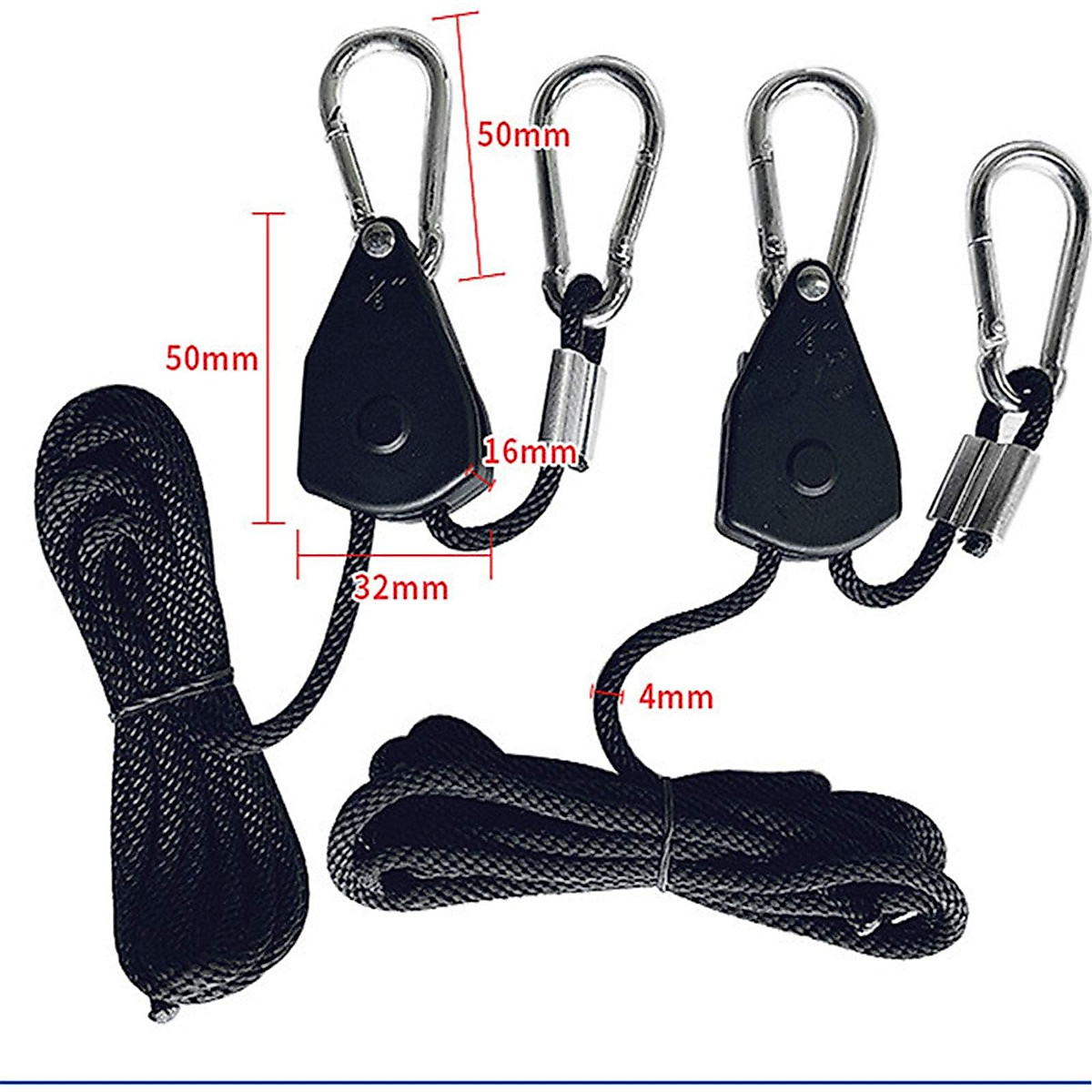 OneChoi Grow Light Rope Hanger 50Pairs，1/8" 8-Feet Long Heavy Duty Adjustable Rope Clip Hanger, Adjustable Rope Ratchet Hangers 150 Lbs per Pair Used with Grow Light, Grow Bags