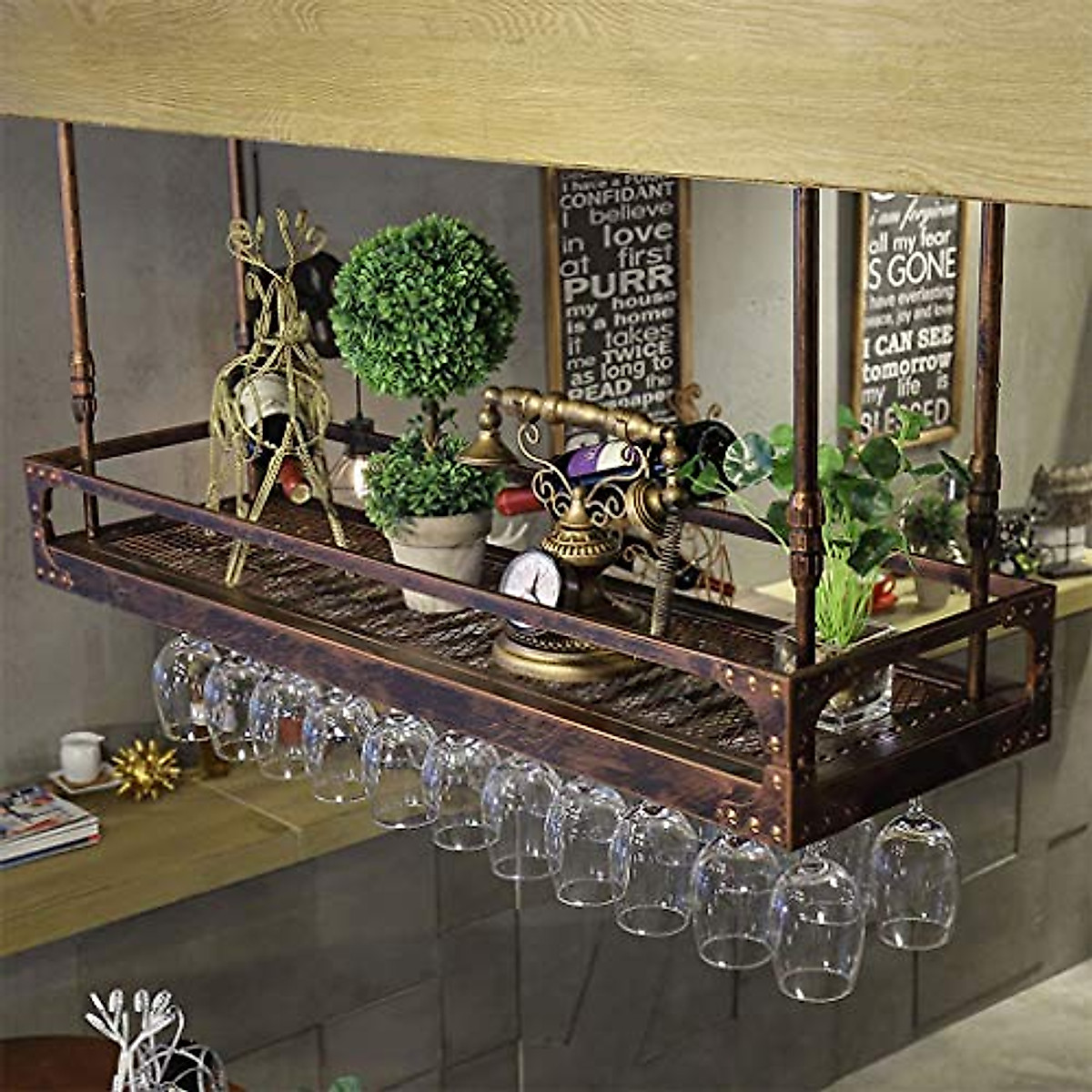 European Hanging Red Wine Glass Rack Upside Down Wine Rack Bar Wrought Iron Goblet Rack Creative Wine Cabinet Decoration Hanger J115, PIBM, Bronze, 80 * 35cm