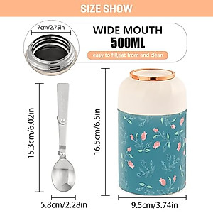 Cute Pink Floral Retro Blue Kids Womens Insulated Food Jar Container with Spoon 17oz/500ml Soup Containers With Lids Stainless Steel Vacuum Wide Mouth Food Storage for Short Travel