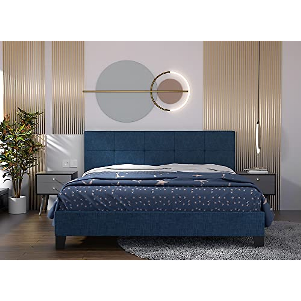 JURMALYN Queen Bed Frame with Headboard/Upholstered Queen Size Metal Platform and Wooden Slat Support, No Box Spring Needed, Easy Assembly Blue