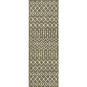Unique Loom Outdoor Trellis Collection Area Rug - Tribal Trellis (2' x 8' Runner, Green/ Natural)