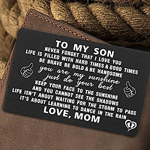 Resdink To My Son Gifts from Mom, Motivational Gift for Son From Mother, Engraved Wallet Inserts with Love Quotes, Son Birthday Wallet Card