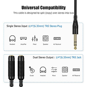 1/4 Splitter, 2 Pack 6.35mm TRS Stereo Headphone Male to 2 Female Splitter Cable, Quarter Inch Y Splitter Adapter UIInosoo for Headphone, Speaker, Guitar, Amplifiers, Mixer, 6 inch