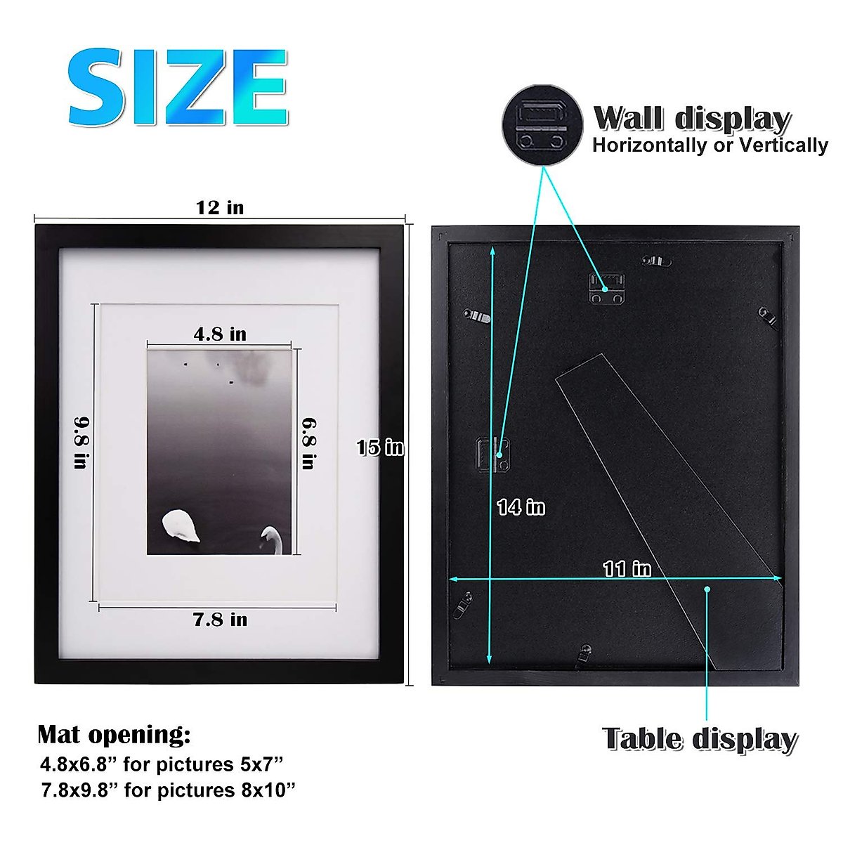 Egofine 11x14 Picture Frames Made of Solid Wood 4 PCS Black Covered by Plexiglass - for Table Top and Wall Mounting for Pictures 8x10 / 5x7 with Mat Horizontally or Vertically Display Photo Frame