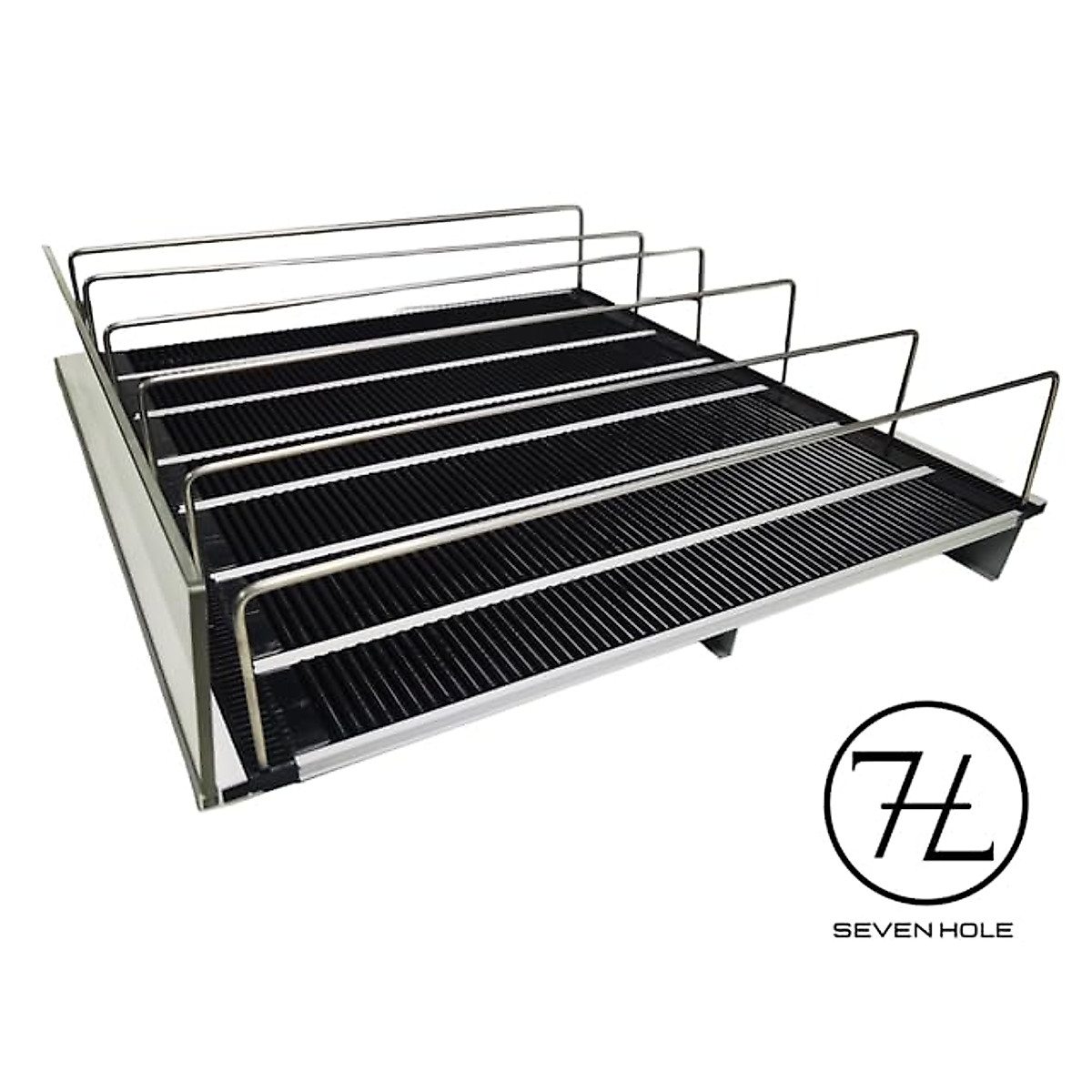 7hole Self Pushing Drink Organizer for Fridge - Can Pusher for Refrigerator - Adjustable Fridge Drink Dispenser for Soda, Beer, Water Bottle, Juice Box - 6 Slots, Easy-to-Assemble Dividers - 15.4x15"