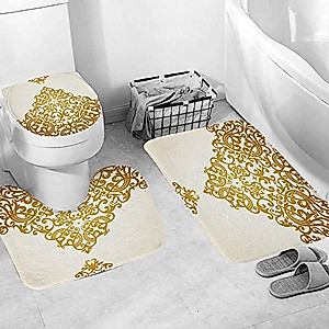 SUNGFINE 4 Pcs Boho Shower Curtains for Bathroom with Rugs,Beige Gold Non-Slip Washable Bath Mats Sets with Toilet Lid Cover, U-Shaped Pedestal Rugs and Waterproof Bathtub Curtains with Hooks (Gold)