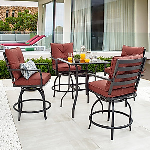 LOKATSE HOME 5 Pieces Outdoor Bistro Set Patio Swivel Metal Furniture Bar Height Dining Chairs with Cushion & Table, Red