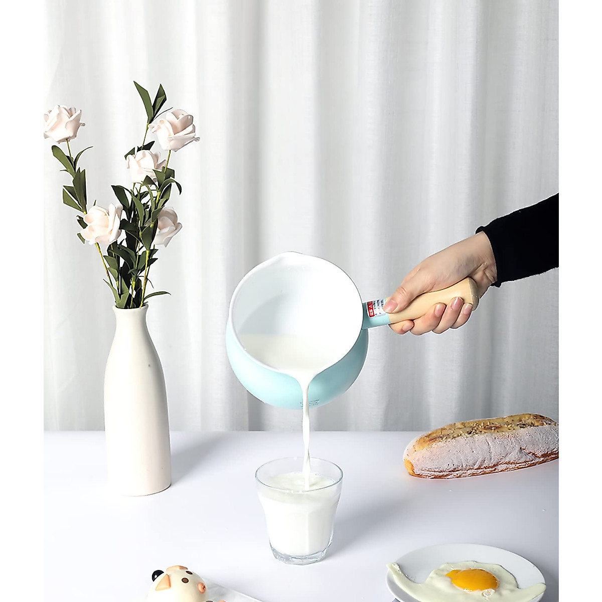 Japanese-style small milk pot non-stick coating hot milk small soup pot, 1.2L, 5 cups, imitation enamel pot (White)