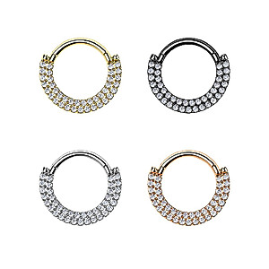 Pierced Owl 16GA G23 Implant Grade Titanium Double CZ Crystal Lined Cartilage Helix Daith Septum Hinged Segment Ring (Silver Tone, 8mm Diameter)