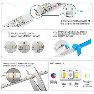 GIDERWEL Smart RGBWW LED Light Strip Plus with ZigBee LED Controller Dimmable RGBCCT LED Strips Starter kit Work with ZigBee Hub Bridge,Lightify Hub,Echo Plus for APP/Voice Control Ambiance Lighting