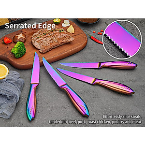 Rainbow Serrated Steak Knife 4 Piece Set, German High Carton Stainless Steel Blade for Home Restaurant