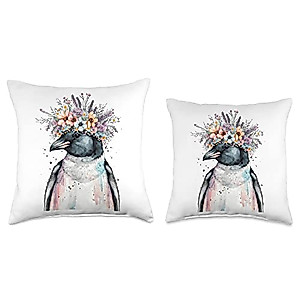 More Cute Bird Lover & Spring Flower Designs Cute Penguin Seabird Flower Crown Floral Birds Throw Pillow, 18x18, Multicolor