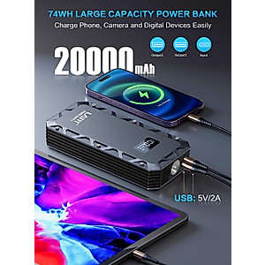 LATIT 2000A Peak Car Jump Starter, 20000mAh 12V Booster Pack Jump Starter for Up to 7.5L Gas/6.5L Diesel Engine, Powerful Jump Starter Battery Pack with Smart Jumper Cable, LED Light and LCD Display