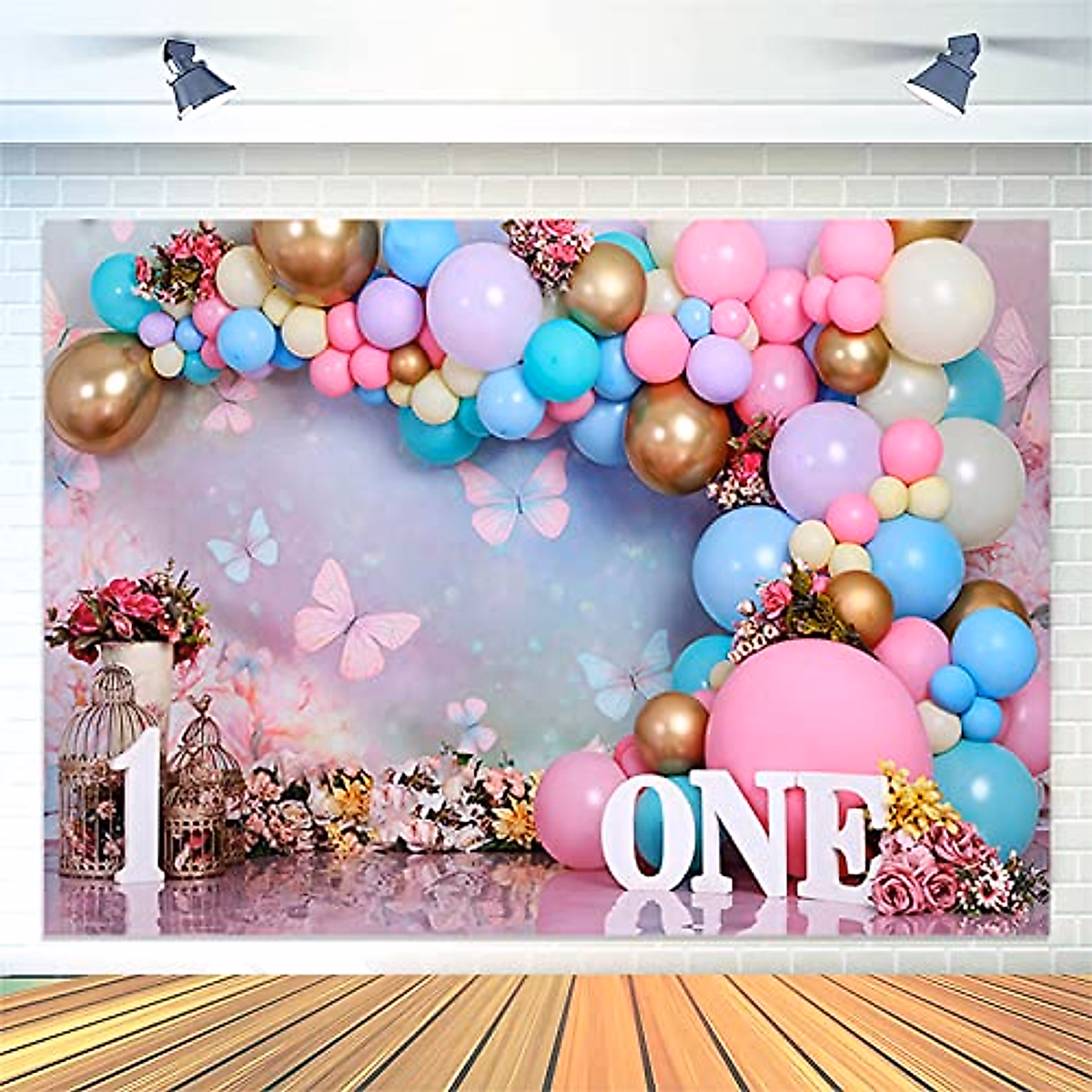 Pink Gold Balloon Girl First Birthday Party Backdrops Sweet One Wonderland Flowers Butterfly Photography Background Birdcage Princess Birthday Decorations Newborn Baby Shower Cake Smash Banner 7x5ft…