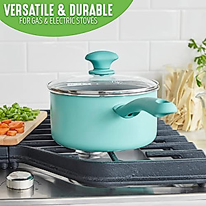 GreenLife Soft Grip Diamond Healthy Ceramic Nonstick, 2QT Saucepan Pot with Lid, PFAS-Free, Dishwasher Safe, Turquoise
