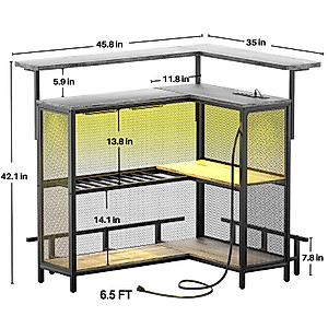 Hyomdeck L Shaped Home Bar with Power Outlet & LED Light, Corner Bar Cabinet with Footrest, Liquor Cabinet with Wine Glass Rack, Coffee Bar Table with Storage for Home Kitchen, Dining Room, Light Oak