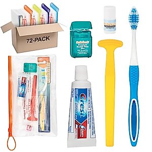 Practicon Smilegoods Adult Deluxe Dental Care Kit with Toothbrush, Toothpaste, Floss, Tongue Cleaner and Lip Balm, 72 pack