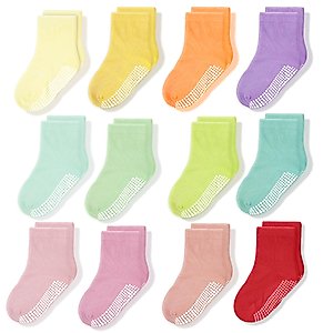 CozyWay Kids Socks 8-10 Years Old With Grippers Non Slip Crew Grip Socks for Girls Soft Comfy Cotton Cute Multi Color - 12 Pack