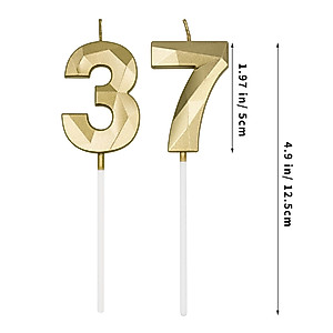 37th & 73rd Birthday Candles for Cake, Gold Number 37 73 3D Diamond Shaped Candle Birthday Decorations Party Supplies for Women or Men