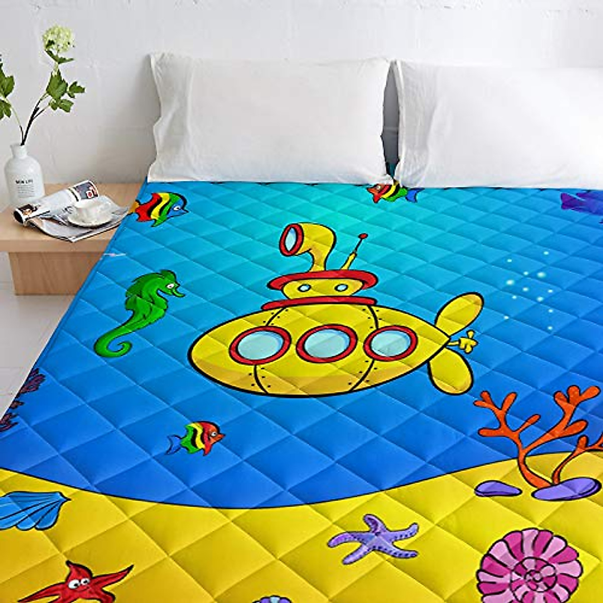Arts Language Cool Summer Bedspread Quilt Yellow Submarine Underwater All-Season Comforter Duvet Insert or Stand-Alone Comforter, Comfortable Air Conditioning Bed/Sofa Blanket for Adults Kids 82x85in