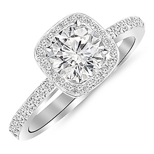 Houston Diamond District 1 Carat Classic Halo Style Cushion Shape Diamond Engagement Ring 14K White Gold with a 0.75 Carat F-G I2 Round Brilliant Cut/Shape Center