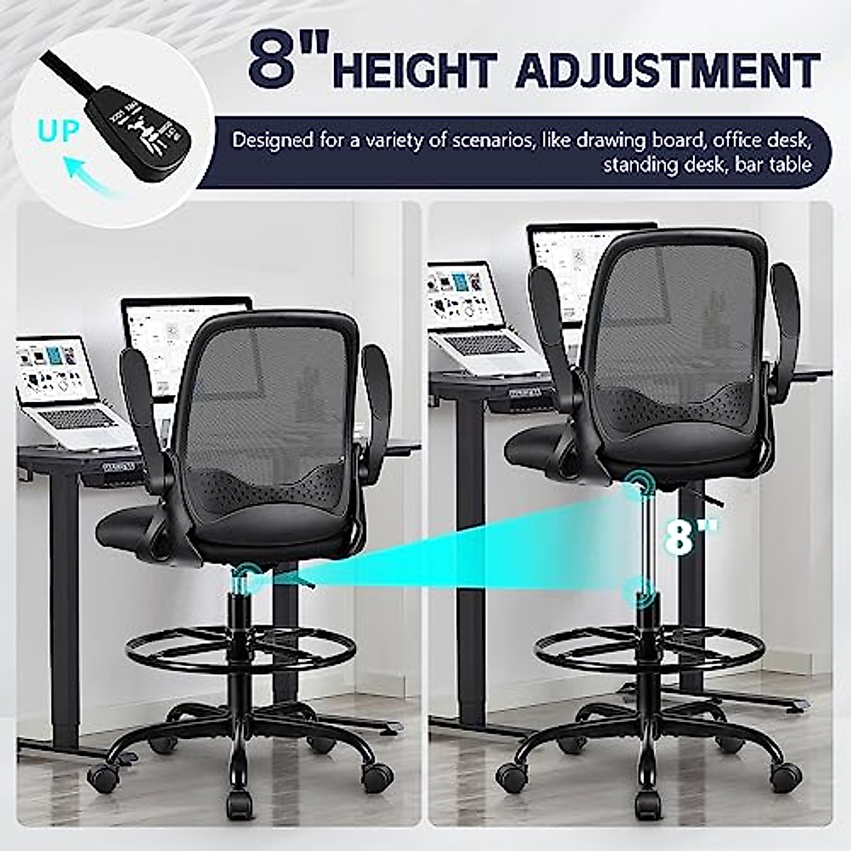 KERDOM Drafting Chair Tall Office Chair Ergonomic Computer Standing Desk Chair Swivel Work Chair with Flip-up Armrests and Adjustable Footrest Ring (933Z Black)