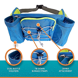 ExtremeMIST Detachable Hydration Waist Pack - Water Bottle Holder Fanny Pack | Belt with 2 Bottle Holders| Zipper Storage Pockets| Perfect for Climbing, Running, Cycling, Jogging, Hiking (Blue, Large)