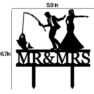 Yuezoloz Funny Fishing Wedding Cake Topper - Just Wait a Second - The Bride Urges Groom to Get Married,Fishing Couple Cake Topper, Mr & Mrs Wedding Cake Topper (Fishing Couple)