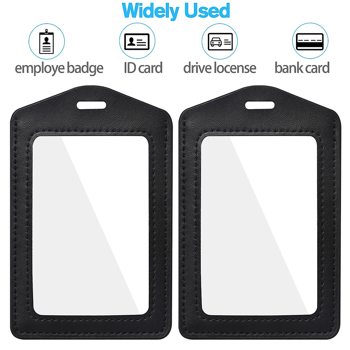 2 Pcs Genuine Leather ID Badge Holder Vertical Double-Side Clear Card Holder Waterproof Name Badge Holder for Office, Staff, Students, Employees(Black&Black)