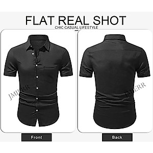 JMIERR Mens Summer Casual Stylish Short Sleeve Button-Up Shirts Cotton Linen Solid Color Business Dress Shirts Beach T Shirt, 2XL, Black