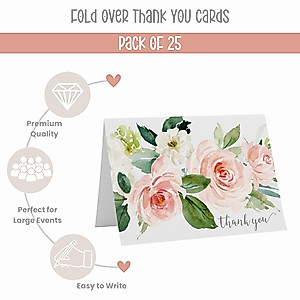 Paper Clever Party Graceful Floral Thank You Cards for Bridal Shower, Wedding, Any Occasion, Blank Notecards with Envelopes Set, Folded Notes, 25 Pack