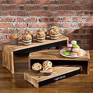 MyGift 3-Tier Rustic Burnt Dark Brown Wood Cake/Dessert Display Riser Stands with Chalkboard Panels