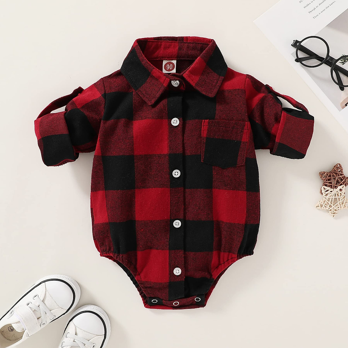 HAPPYMA Newborn Baby Boy Girls Plaid Outfit Flannel Romper Tops Infant Long Sleeve Button Down Plaid Casual Bodysuit Clothes