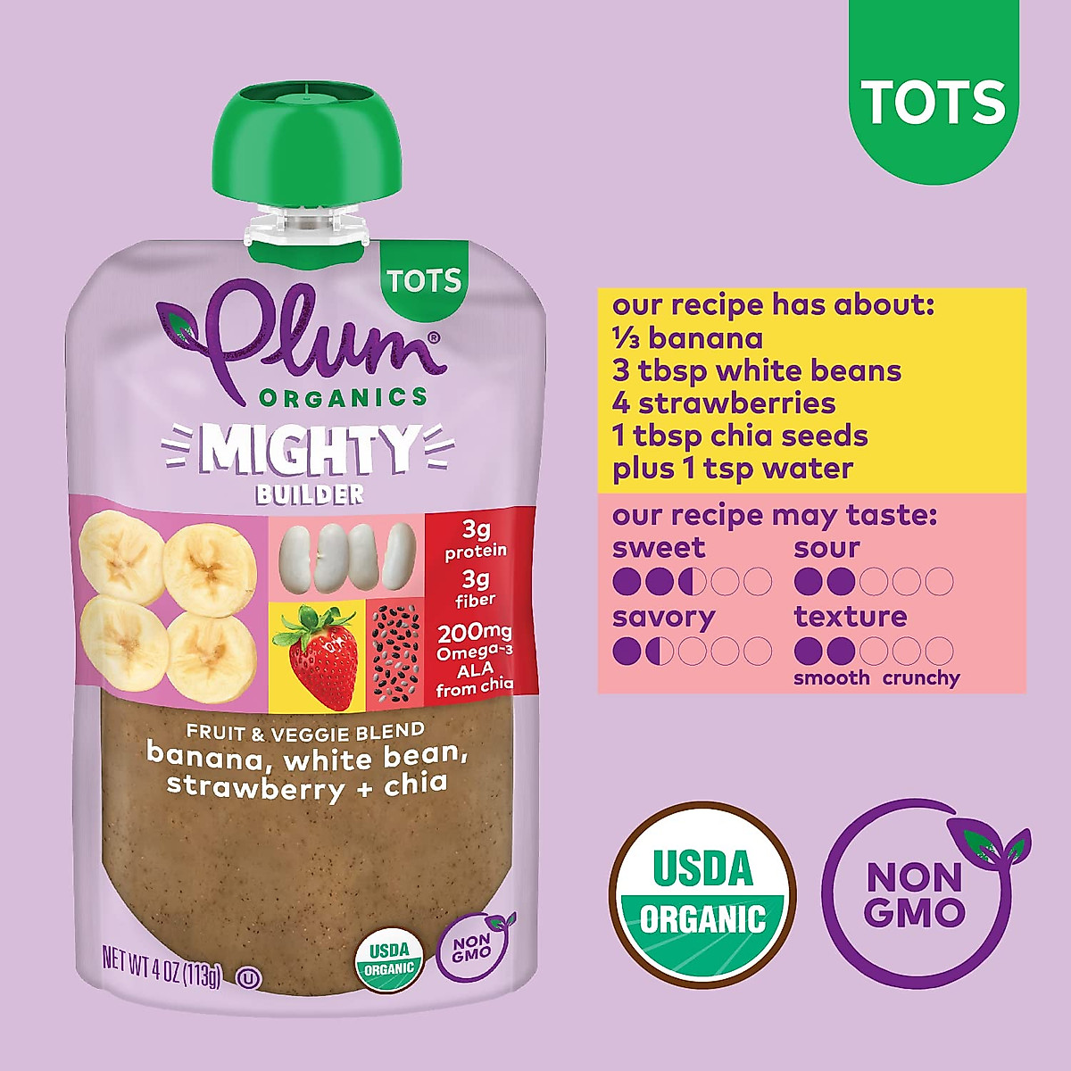 Plum Organics Mighty Builder Organic Toddler Food - Banana, White Bean, Strawberry, and Chia - 4 oz Pouch (Pack of 12) - Organic Fruit and Vegetable Toddler Food Pouch