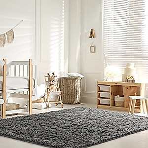 Signature Loom Fluffy Shaggy Area Rug 8x10 – Soft Fuzzy Velvet Rugs for Girls Bedroom – Shaggy Carpet for Kids Room with Non-Slip Bottom – Soft Fluffy Throw Rug Indoor Living Room Carpet, Dark Grey