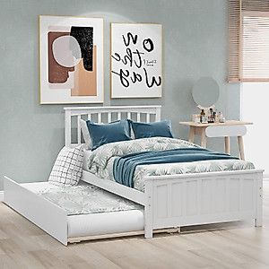 Harper & Bright Designs Twin Bed Frame with Trundle, Kids Platform Twin Bed with Pull Out Trundle,Solid Wood, No Box Spring Needed (White (Trundle))