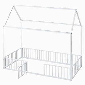 Merax Twin Size Montessori Floor Bed, Metal House Bed Frame with Roof for Kids, Teens, Girls, and Boys, No Box Spring Needed, White