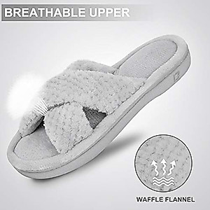 DL Women's Open Toe Cross Band Slippers, Memory Foam Slip on Home Slippers for Women with Indoor Outdoor Arch Support Rubber Sole, Gray, 7-8