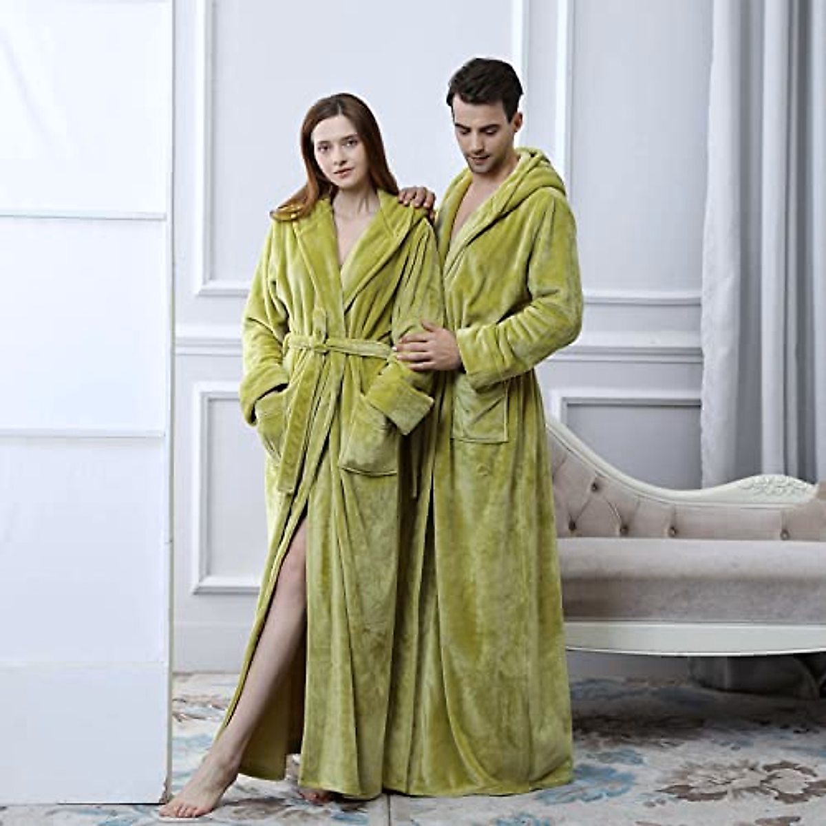 Flygo Women's Long Robe with Hood Soft Warm Full Length Sleepwear Luxurious Plush Fleece Winter Ladies Robes (X-Large, Green)