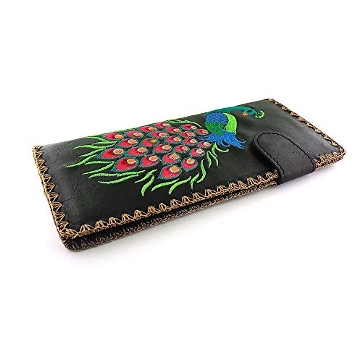 Skelapparel Divine Peacock Peacock Feather Embroidery Vegan Large Flat Wallet (Black)