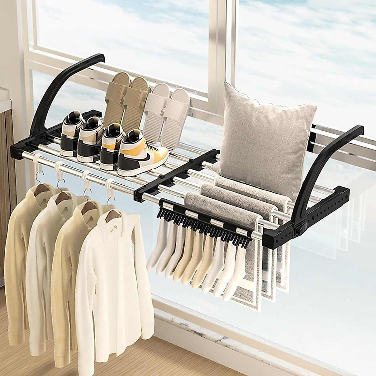 Abizarch Portable Clothes Drying Rack for Balcony,29"x13" Foldable Railings Windowsill, Retractable Radiator Clothes Airer,Folding Towel Rack Indoor Outdoor Travel RV Laundry Rack with Clips