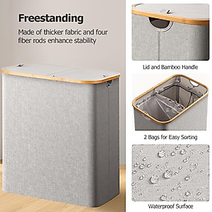 HBlife 145L Extra Large Double Laundry Hamper with Lid and Removable Inner Bag, 2 Section Collapsible Dirty Clothes Basket Organizer for Bathroom, Bedroom and Laundry Room, Light Grey