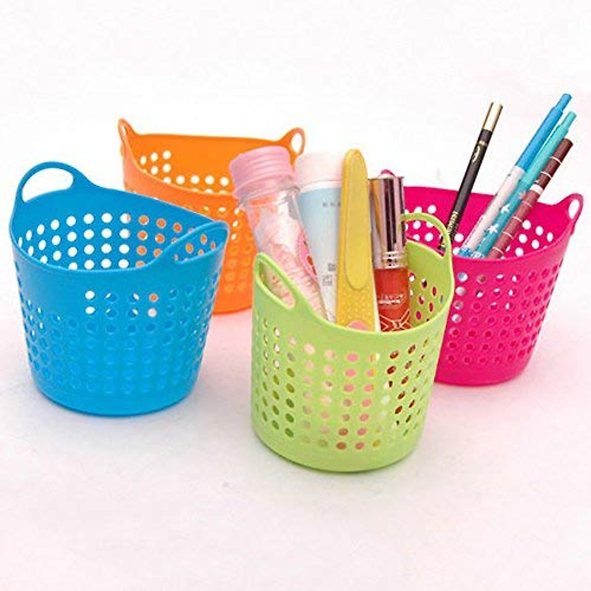 Academyus Portable Plastic Stationery Home Office Gadgets Trivial Storage Basket Organizer With Handle -Hot Pink