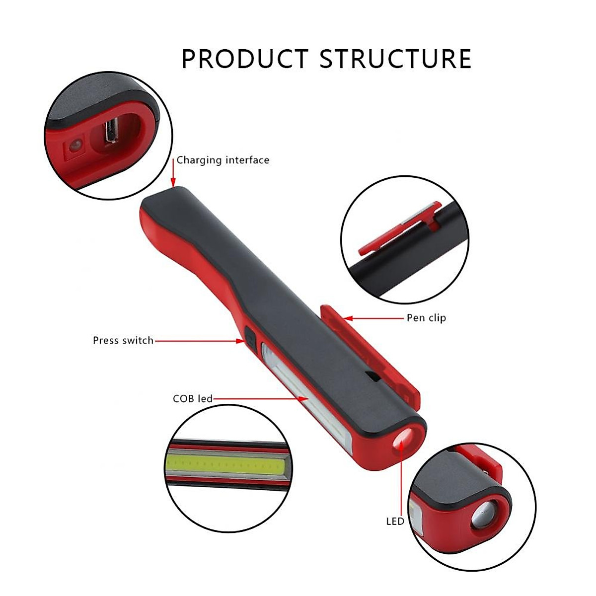 mumisuto LED Tactical Small Flashlight, Adjustable Brightness, Pen Flashlight Rechargeable LED Flashlight Pocket Light Work Light with Magnetic Rotating Clip for Hiking, Everyday Use(Red)