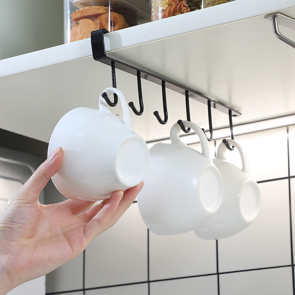 12 Pack 6 Hooks Utensil Racks Under Cabinet Black Hanging Mug Organizer Coffee Cup Under Shelf Home Storage Mug Holder and 12 Pcs Adhesive with Screws for Kitchen Utensil Under Cabinet Mug