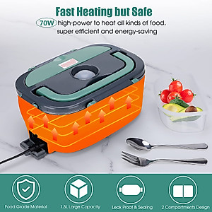Kabbas Electric Lunch Box Food Heater with 2 Compartments 70W Leakproof Portable Food Warmer Lunch Box for Adults Car Truck Work, 12/24V&110/220V Self Heating Lunch Box with 1.5L Removable Container