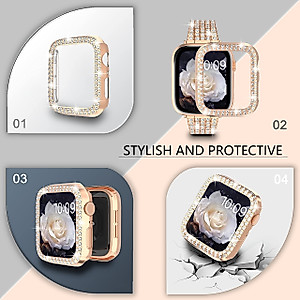 QVLANG Compatible for Apple Watch Band 40mm Series 6/5/4/SE, Diamond Rhinestone Case + Women Bling Band Stainless Steel Metal Bracelet for iWatch (Rose Gold, 40mm)