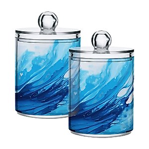 BOENLE 2 Pack Qtip Holder Organizer Dispenser Blue Marble Bathroom Storage Canister Cotton Ball Holder Container for Cotton Pads/Swabs/Floss
