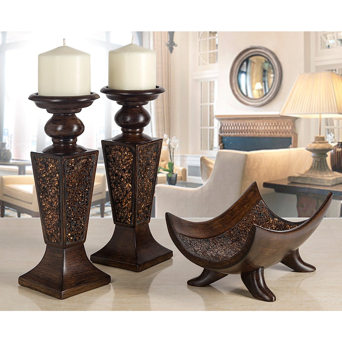 Creative Scents Schonwerk Pillar Candle Holder Set of 2- Crackled Mosaic Design- Functional Table Decorations- Centerpieces for Dining/Living Room- Best Wedding Gift (Brown)