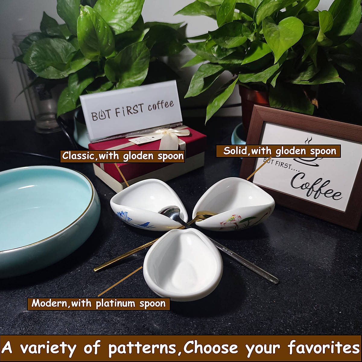 Andwarmth Coffee Spoon Rest and Spoon Set-Christmas Gifts for Coffee Lovers,Small Teaspoon Holder,Coffee Stirrers Holder,Coffee Bar Accessories,Decoration and Orginizer for Coffee Station